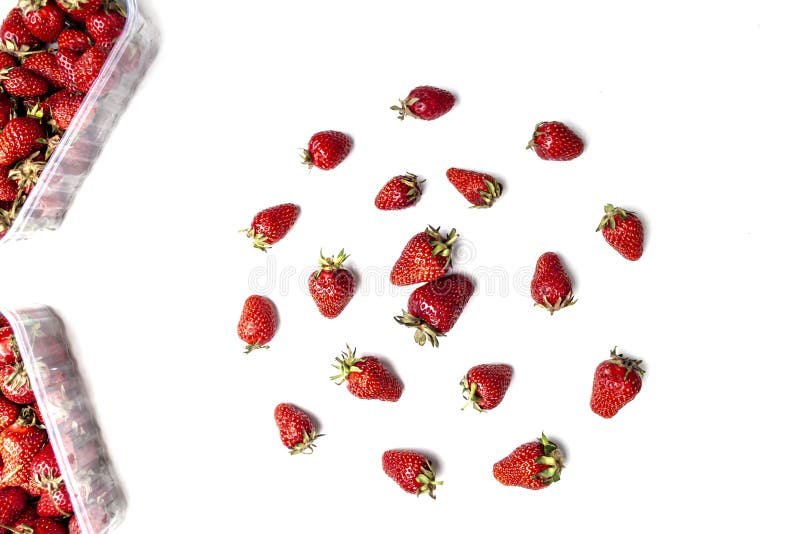 Top View of Fresh Tasty Strawberries in Plastic Container and Several ...