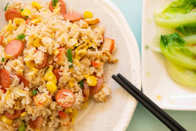 Fried Rice with Crab Sticks and Sausages and Maizes Horizontal ...