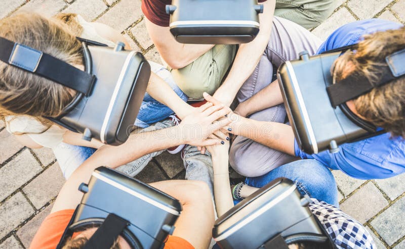 Top View of Friends Group Playing on Vr Glasses with Hands Stack Stock ...