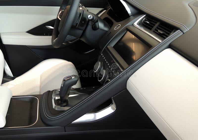 Top View of Front Seats, Dashboard and Controls Panel in Leather Car ...
