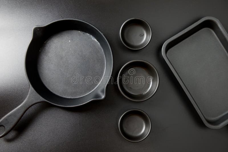 Top View Frying Pan and Bowl on Black Table Stock Image - Image of ...