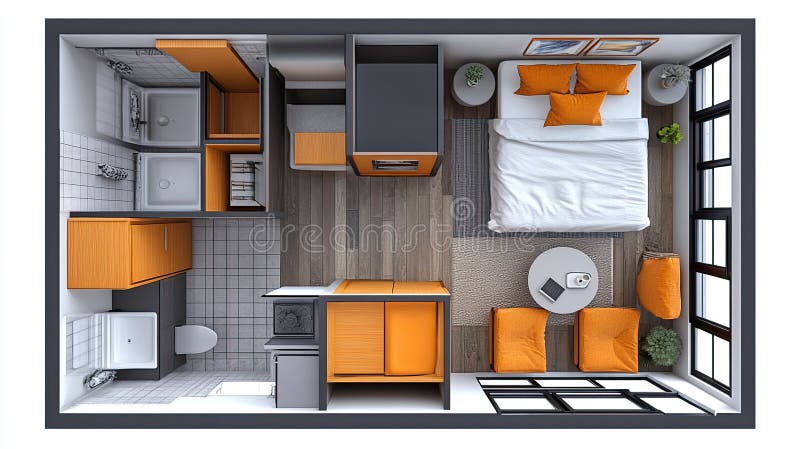 Top View, Furnished Studio Apartment Rendering, Home Design Plan ...