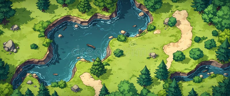 Top View, Game Map, Forest and Floating Lands Landscape Illustration ...