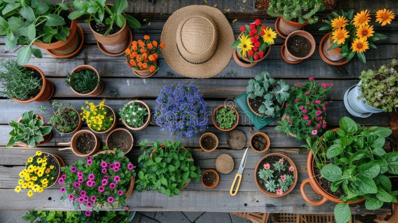 Top View Gardening Composition with Tools and Flowerpots on Wooden ...