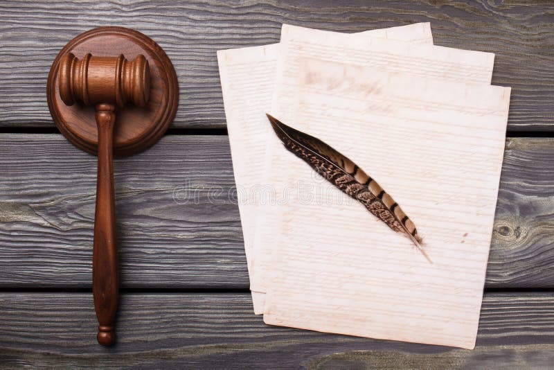 Top View Gavel with Quill and Papers. Stock Image - Image of page ...
