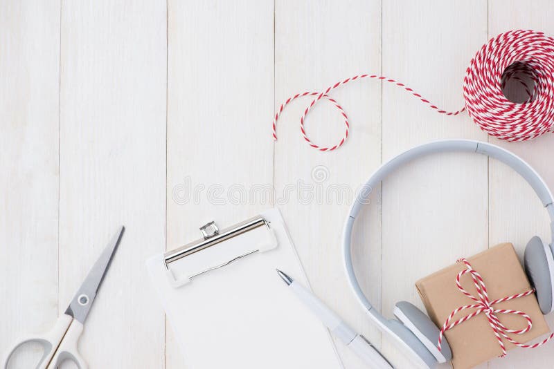 Top View of Gift Box with Headphones on Wooden Table Stock Photo ...