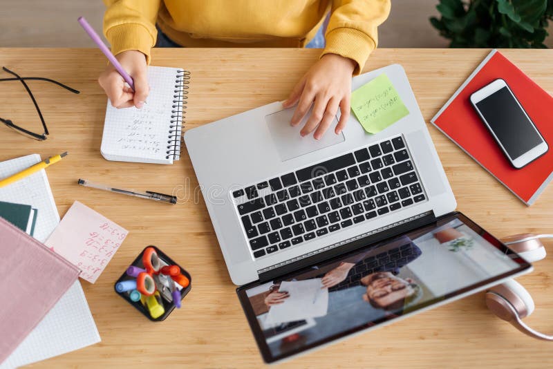 Top View of Girl Having Video Call with Personal Tutor Stock Photo ...