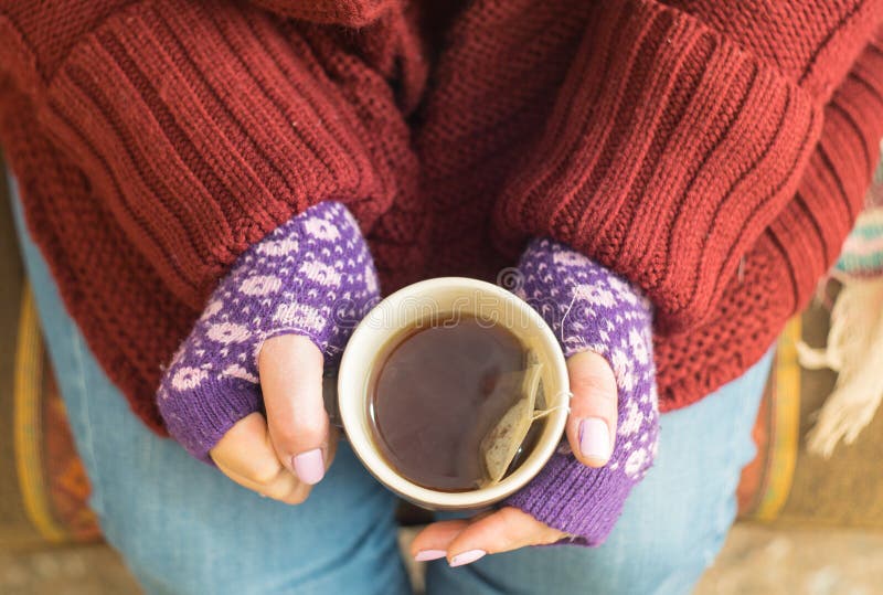 Top View of Girls Hands Holding a Mug with Tea Stock Photo - Image of ...