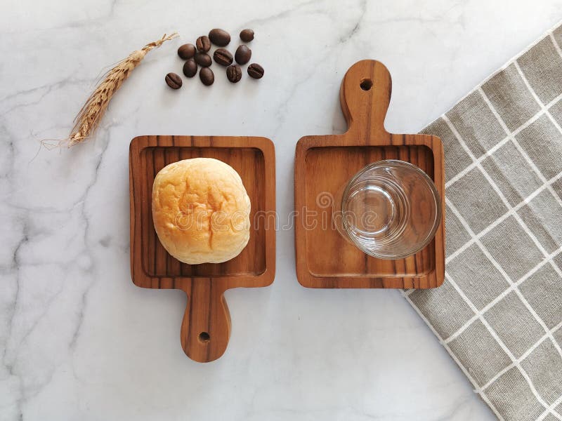 Top View Glass and Bread on Teak Wood Stand on White Table Stock Photo ...