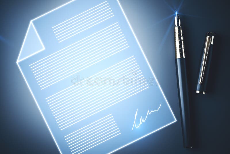 Top View of Glowing Abstract Electronic Document with Signature and Pen ...