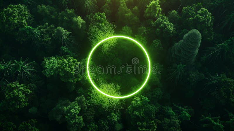 Top View, a Glowing Neon Green Circle in the Middle of a Dense Forest ...