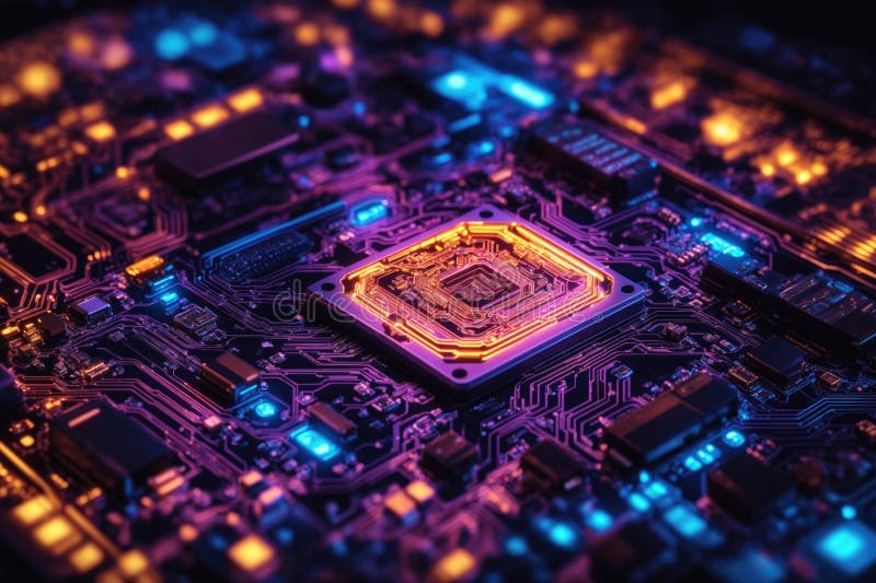 Top View Glowing Shine Neon Computer Technology. Ai Generative Stock ...