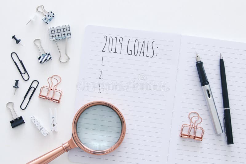 Top View 2019 Goals List with Notebook Over White Wooden Desk. Stock ...