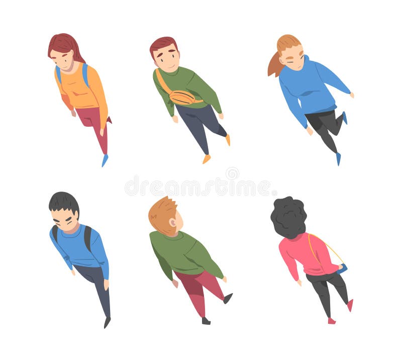 Top View on Going and Walking People Characters Vector Illustration Set ...