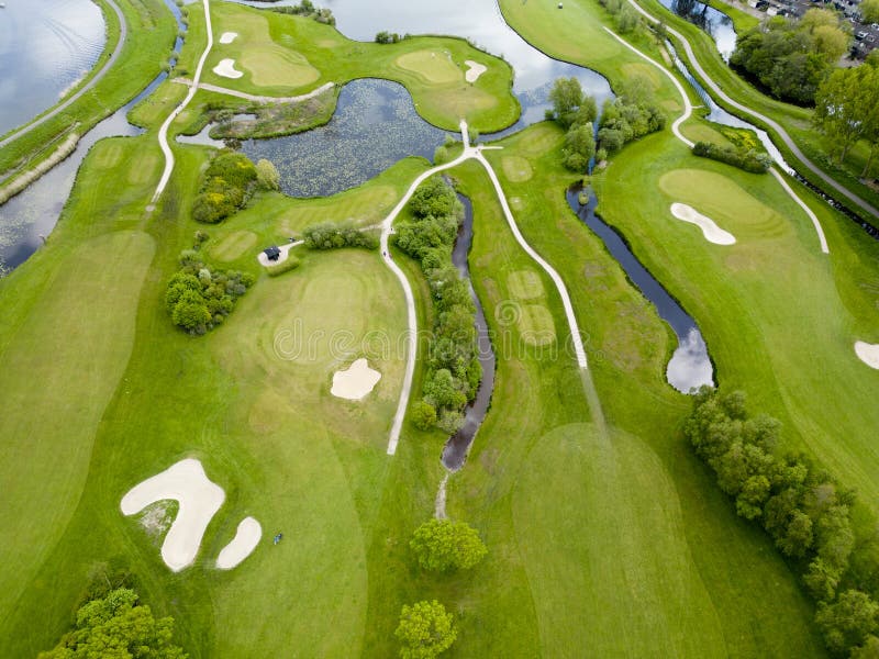 Top view of a golf court stock image. Image of flag - 351377989