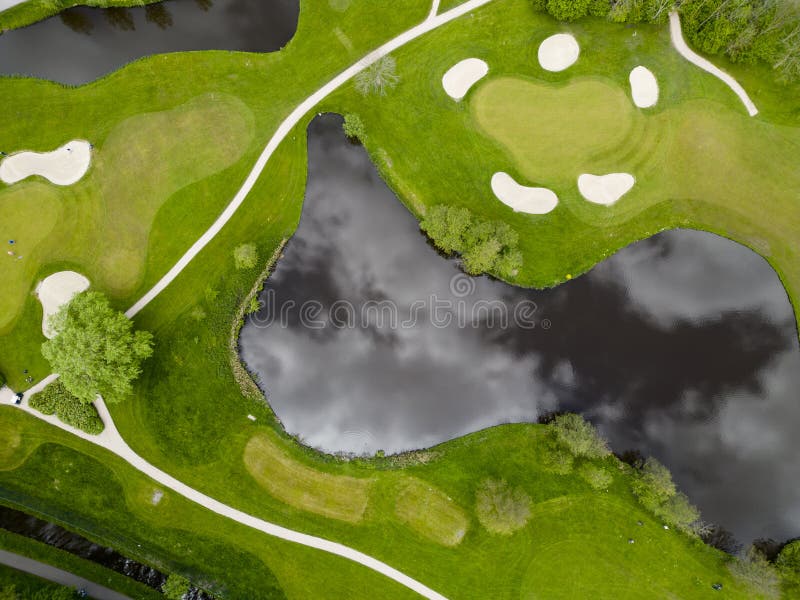 Top view of a golf court stock photo. Image of flag - 351378028