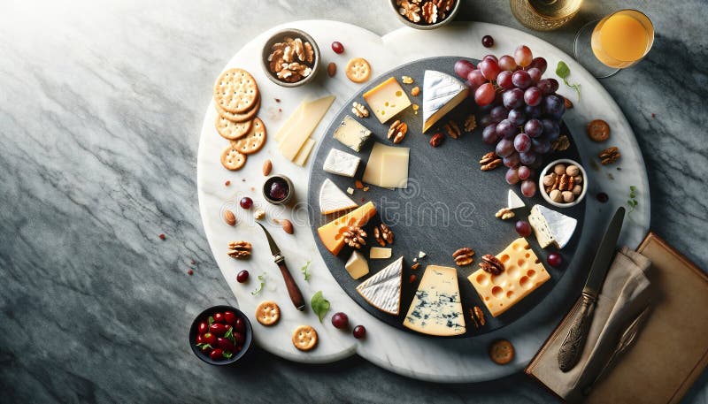 A Top View of a Gourmet Cheese Platter on a Luxury Stone Desk, with ...