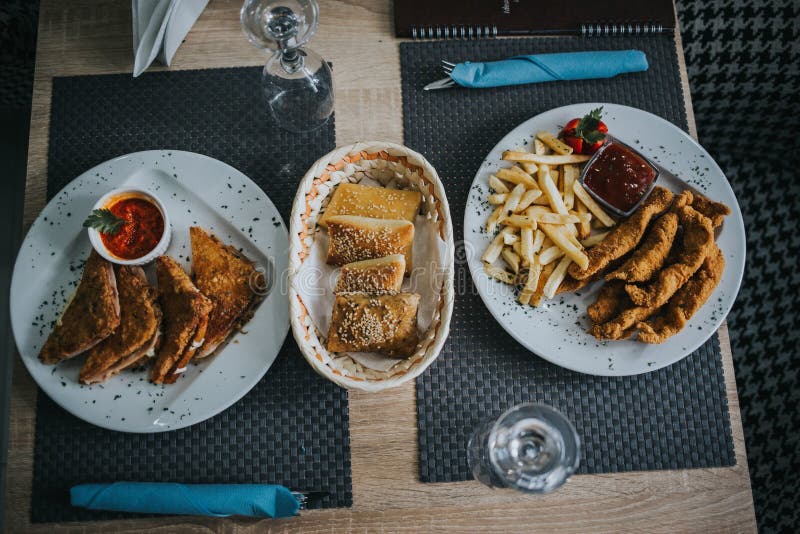 Top View Of A Gourmet Restaurant Table With Delicious Fast Foods Stock ...