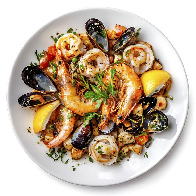 Top View Gourmet Seafood Dish on White Background. Stock Image - Image ...