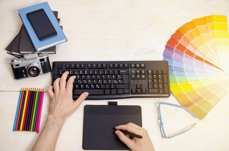 Top View Graphic Designers Hands on Table Stock Photo - Image of color ...