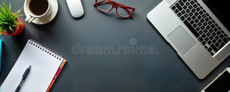 Top View of Gray Office Desk with Laptop Computer, Eyeglasses, Coffee ...