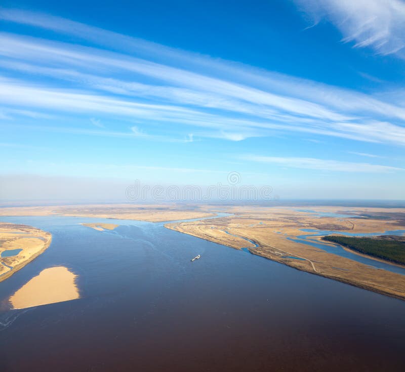 Top View of Great River in Spring Day Stock Photo - Image of ship ...