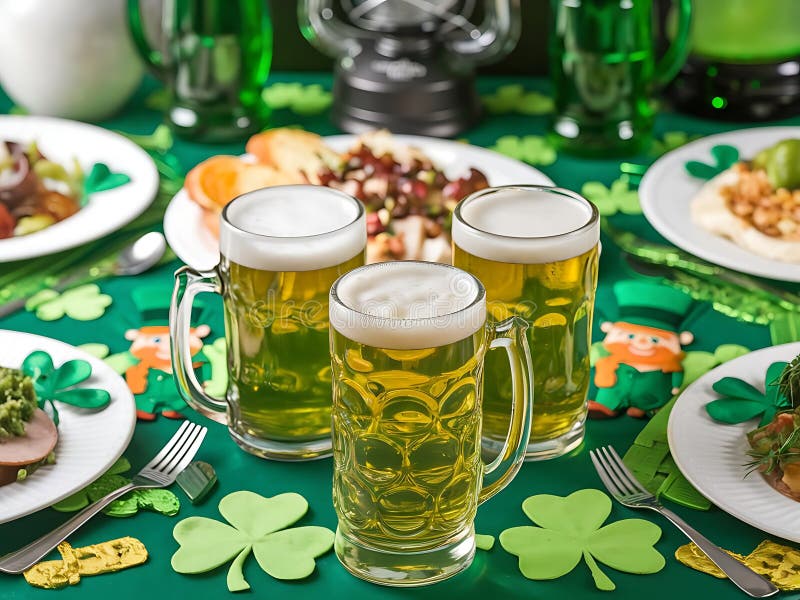 Top View of Green Beer Mugs on Festive Irish Table Setting Stock ...