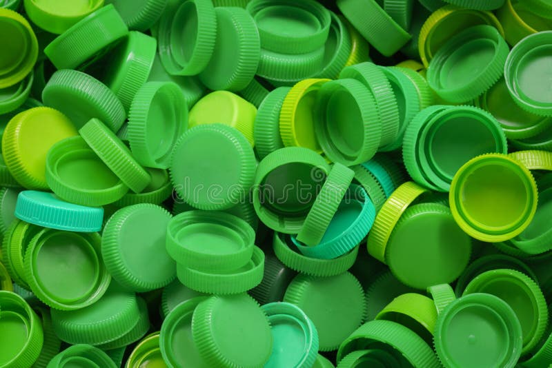 Top View Green Color Collection of LDPE Plastic Bottle Cap Remove Lid ...