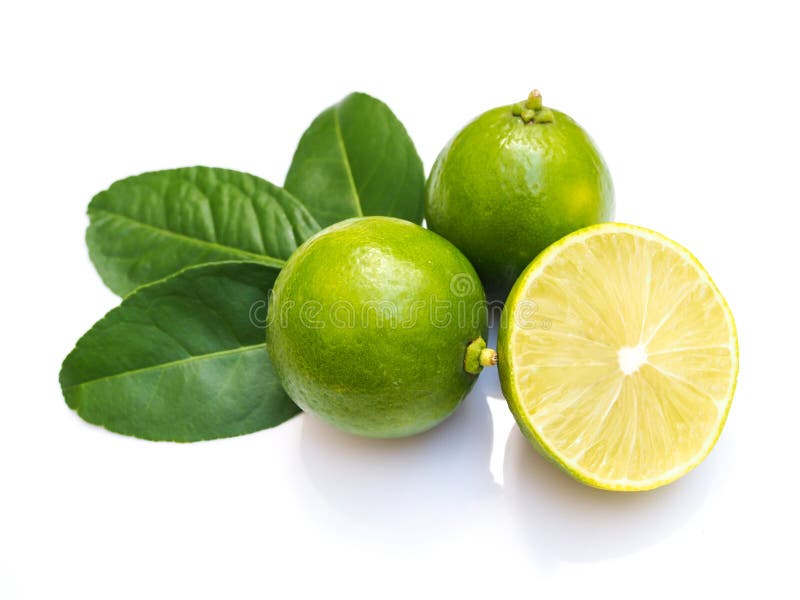 Green Lemon Lime Citrus with Leaves Isolated on White Background Stock ...