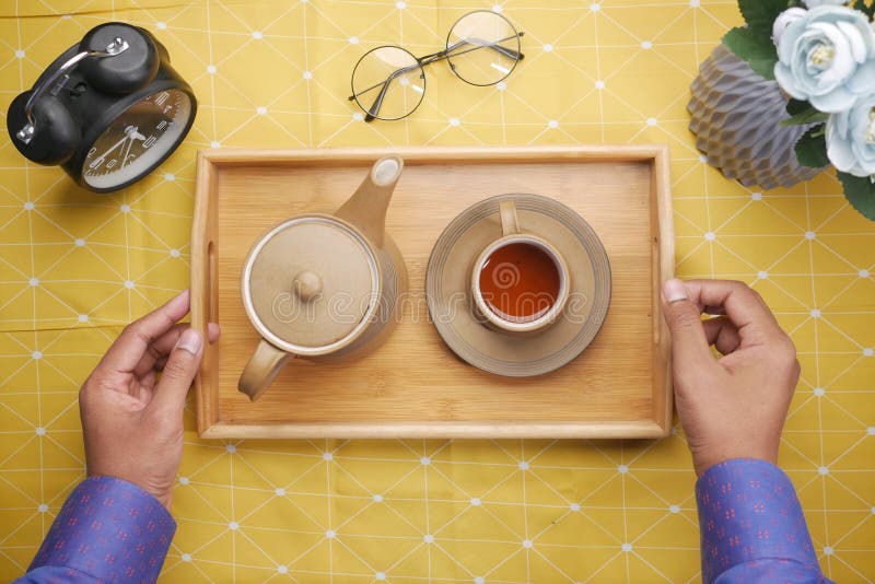 Top View of Green Tea, Clock on a Table Stock Photo - Image of mint ...