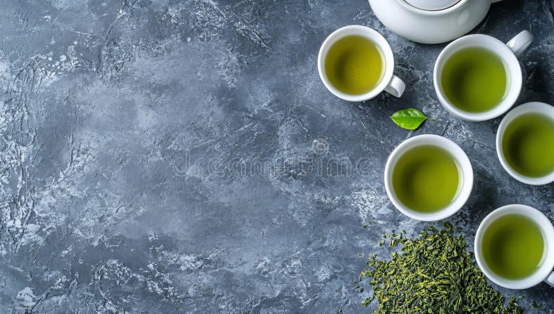 Top View Green Tea Cups on Grey Stone Background High Quality Image Stock Illustration ...