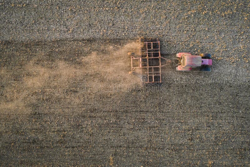 Top View of Green Tractor Working in Fields. Stock Photo - Image of ...