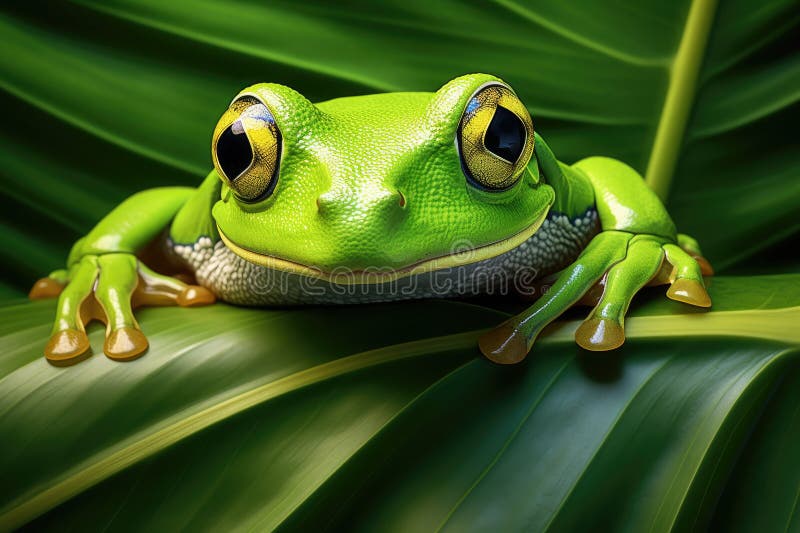 Top View of Green Tree Frog on Leaf, Ai Generated Stock Illustration - Illustration of colorful ...