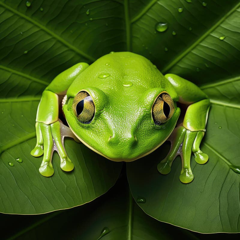 Top View of Green Tree Frog on Leaf, Ai Generated Stock Illustration ...