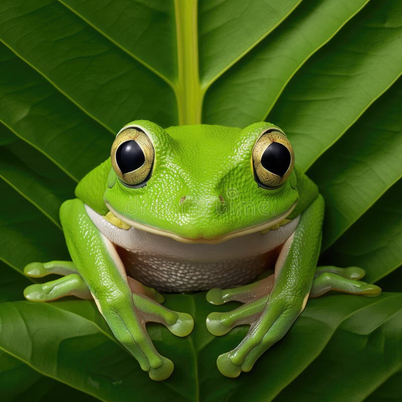 Top View of Green Tree Frog on Leaf, Ai Generated Stock Illustration - Illustration of macro ...