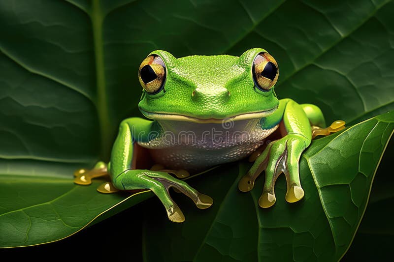 Top View of Green Tree Frog on Leaf, Ai Generated Stock Image - Image of closeup, animal: 288291127
