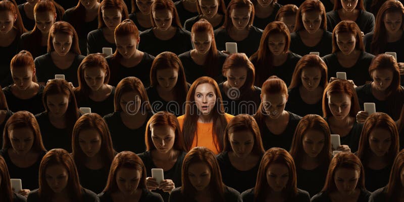 Top View of Grey Crowd of Identical People and Special One Woman ...