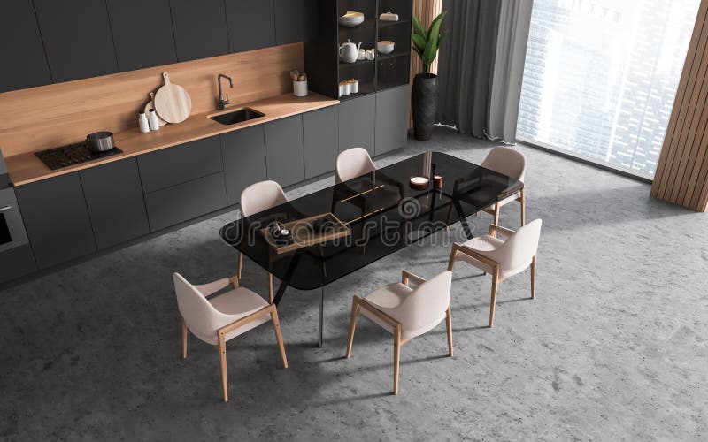 Top View of Grey Kitchen Interior with Cooking and Eating Corner with ...