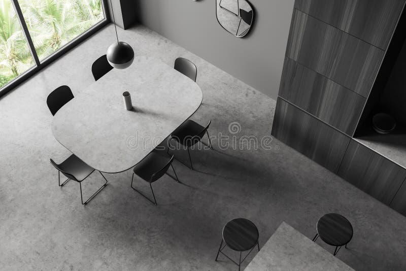 Top View of Grey Kitchen Interior with Dining Table and Countertop ...