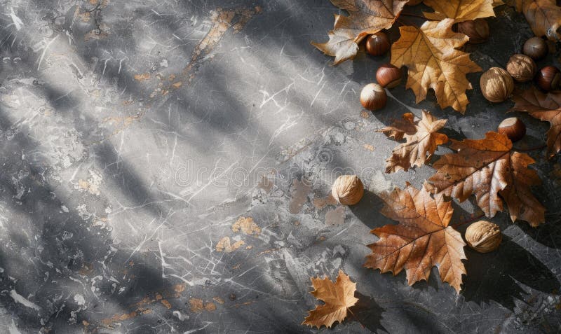 Top View of a Grey Marble Countertop, Frame of Autumn Leaves and Nuts ...