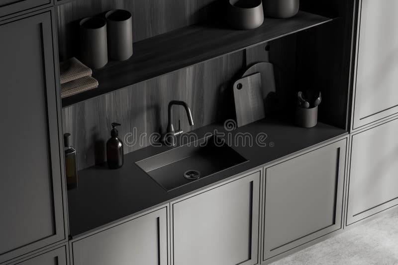 Top View of Grey Modern Kitchen Interior with Cooking Area and ...