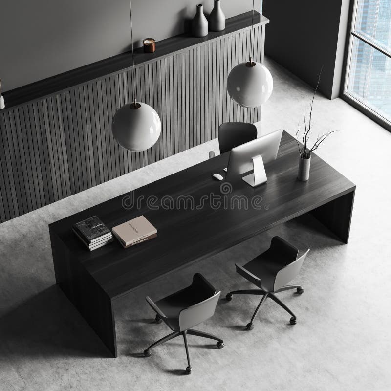 Top View of Grey Office Interior with Work Table and Shelf with Window ...