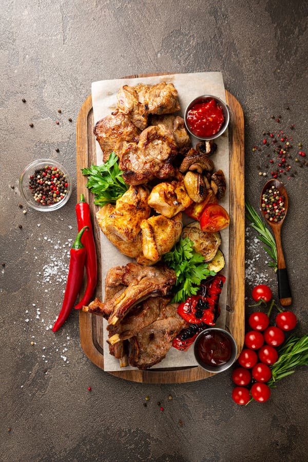 Top View Grilled Meat of Different Types Beef Pork Stock Image - Image ...