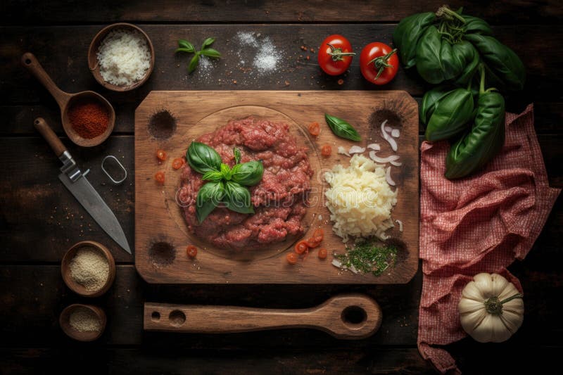 Top View of Ground Meat and Cooking Items on a Wooden Board Stock ...