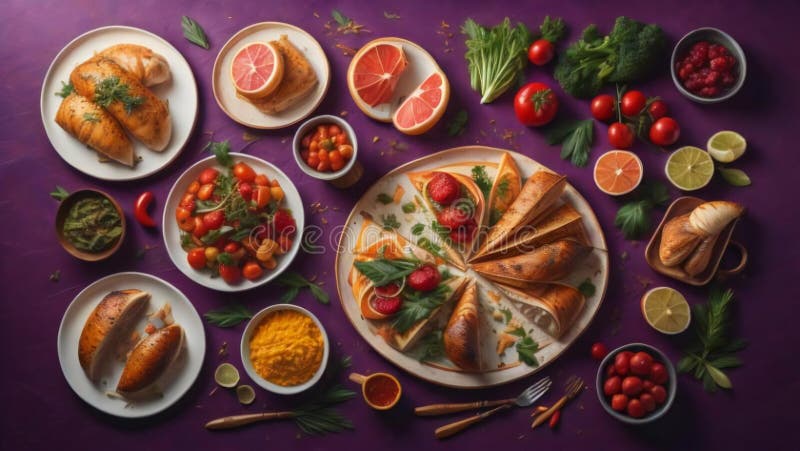 Top View of a Group of Different Appetizers on a Purple Background ...