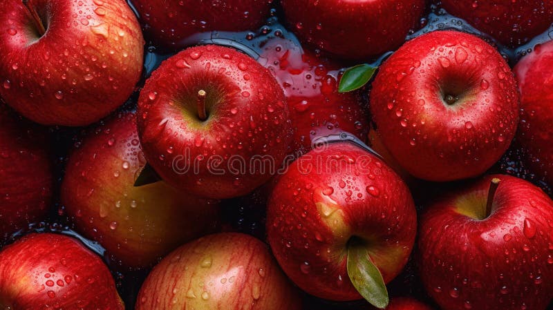 Top View Group of Fresh Red Apple Fruits with Water Drops Dark ...
