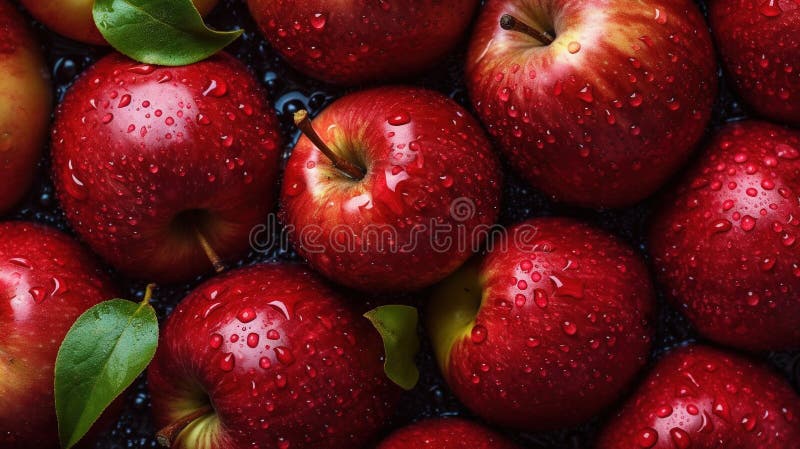 Top View Group of Fresh Red Apple Fruits with Water Drops Dark ...
