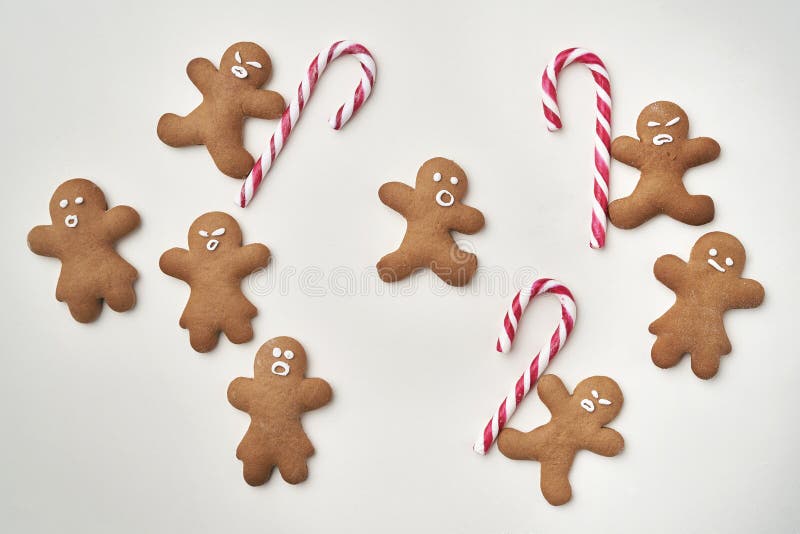 Top View of Gingerbread Men with Candy Cane Stock Photo - Image of ...