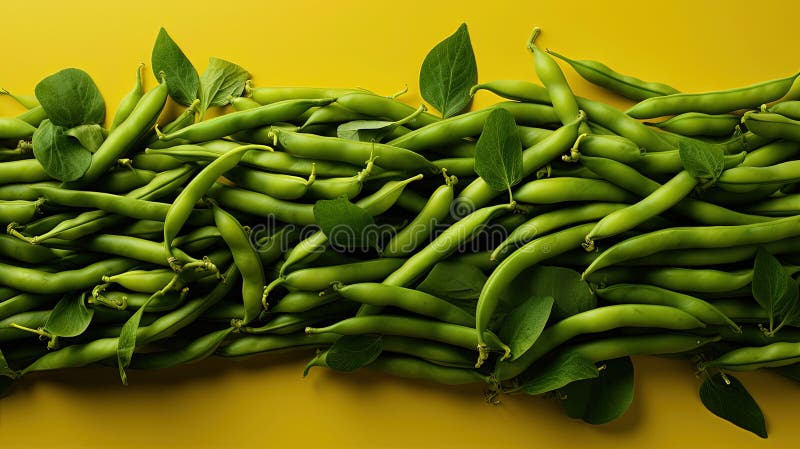 Top View Group of Green Beans with Copy Space Yellow Background ...