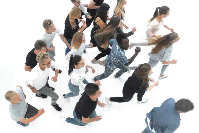 Top View. a Group of Young People Walking Together in a Row Stock Photo ...